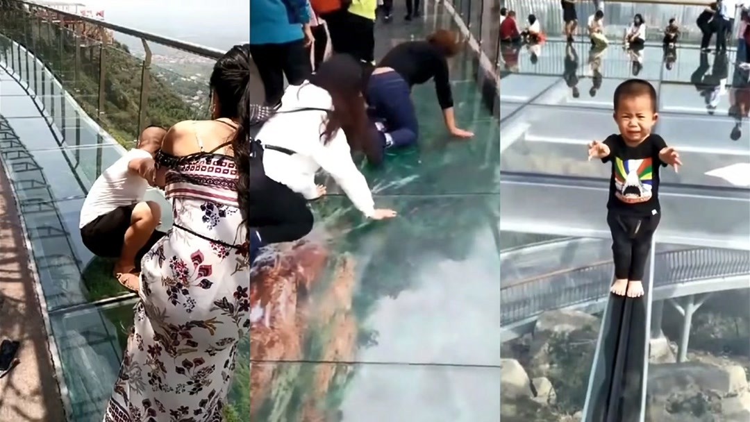 玻璃栈道突然破裂吓坏游客,这个特效太逼真了