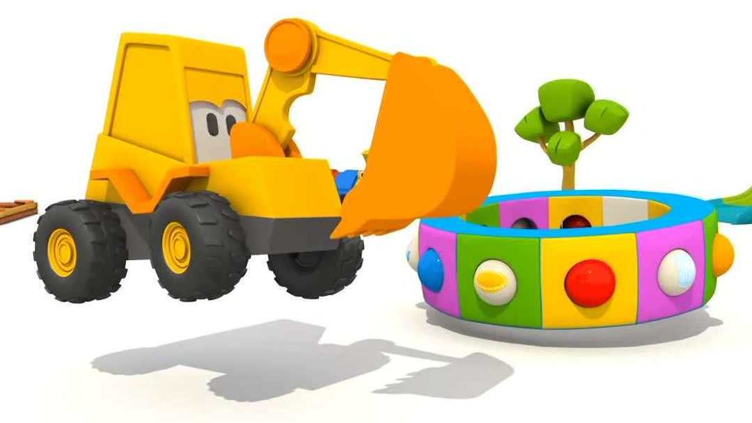 儿童玩具和小挖掘机用各种各样的球投篮搞笑动画