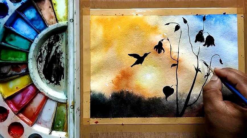 简单好学的水彩绘画视频教程,教你绘制日落下的鸟儿