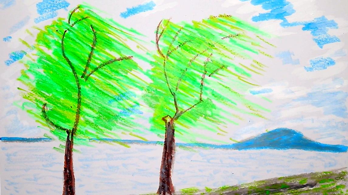 用儿童油画棒画一幅早春的风景画,蓝天、绿柳、青水