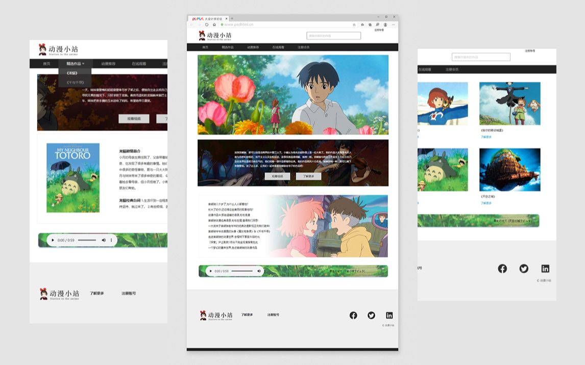 超赞的动漫主题大学生网页html作业带报告 JS轮播图表单视频下拉菜单...