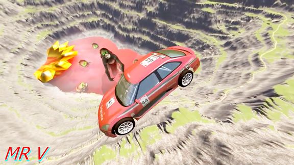BeamNG:汽车从火山口悬崖坠落到布满巨人僵尸的深渊,结果如何?