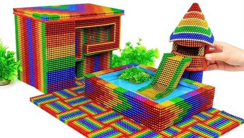 DIY建造技术现代别墅模型 滑行桥 滑梯 磁力球