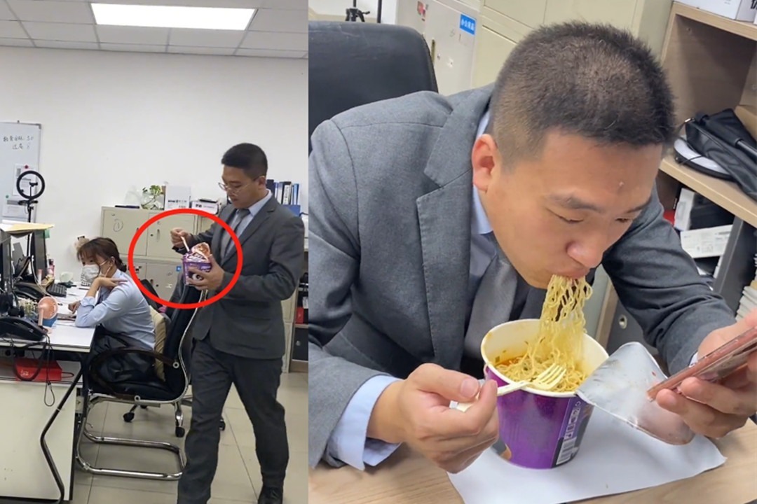 小伙吃酸菜泡面吃的正香,同事突然播放315晚会,随后表情亮了