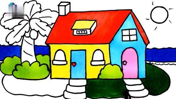 海边度假小屋绘画 凉爽的海风吹得椰子树哗啦啦简笔画