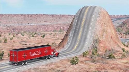 熬夜开车不看路的司机,60吨运输卡车迎头冲向超高减速带