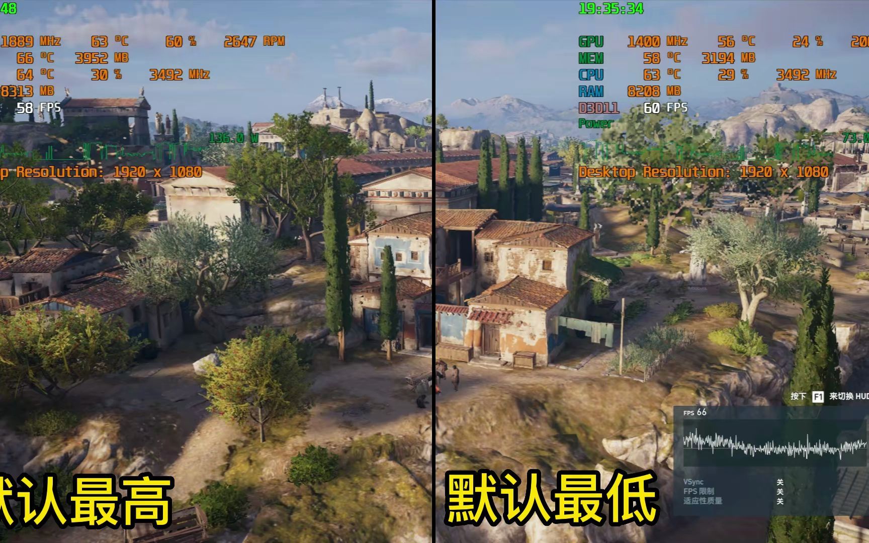 《刺客信条奥德赛》E5-2666V3+5700XT+1080P-最高最低画质对比-...