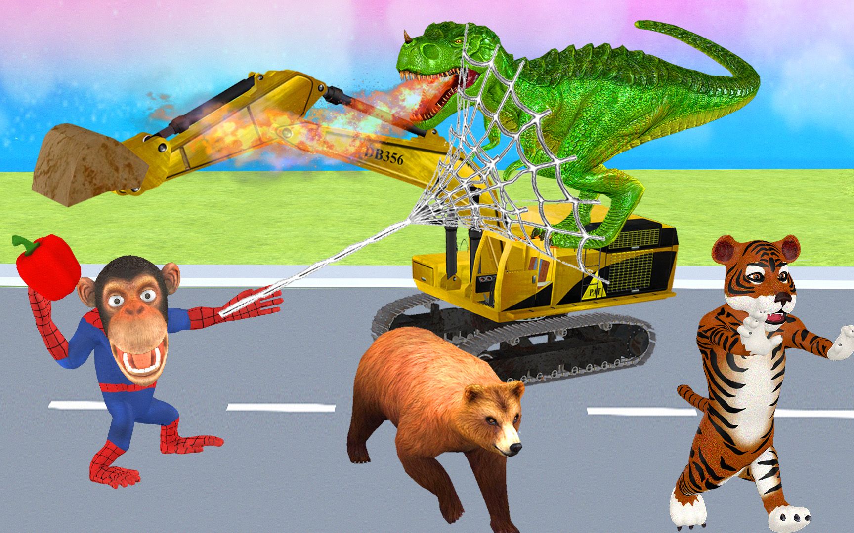 霸王龙来袭,开着挖掘机无敌啦,小猴子快出手~