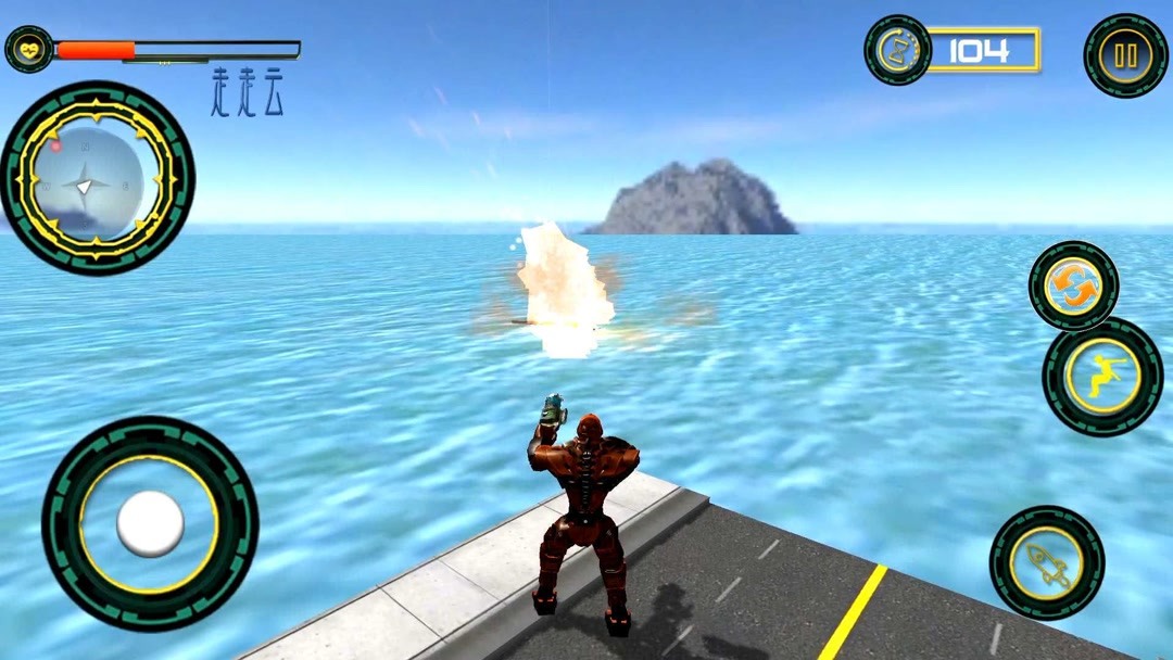 走走云游戏:机器人战斗模拟,汽车变形金刚站在码头,打爆潜水艇