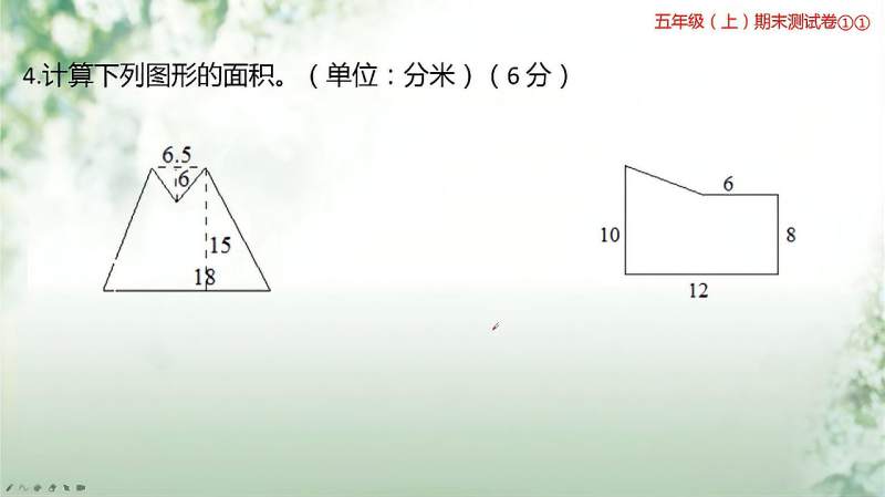 五年级上册数学期末测试卷,组合图像的面积,一定要认真思考