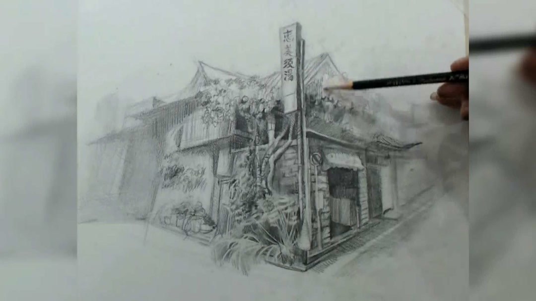 素描风景画,房子