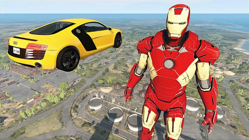 奥迪R8,校车和宝马mini开足马力飞跃冲向超大钢铁侠,车祸模拟器