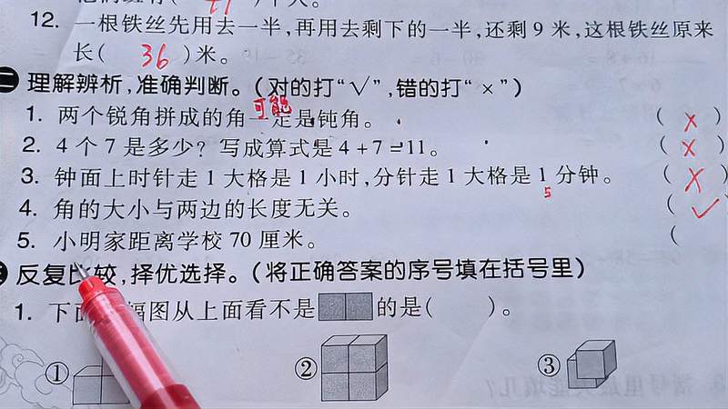 人教版二年级上册数学期末专项复习五判断题(试卷解析已发图文)