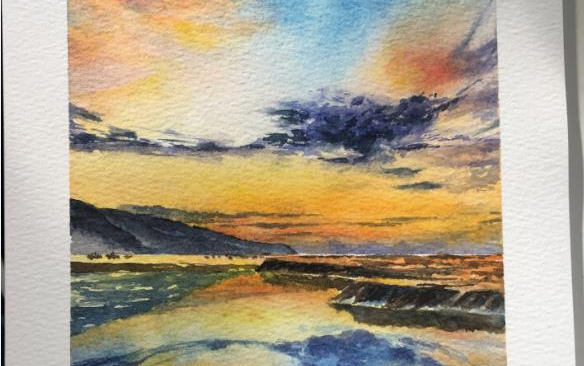 水彩风景绘画过程视频-晚霞海岸