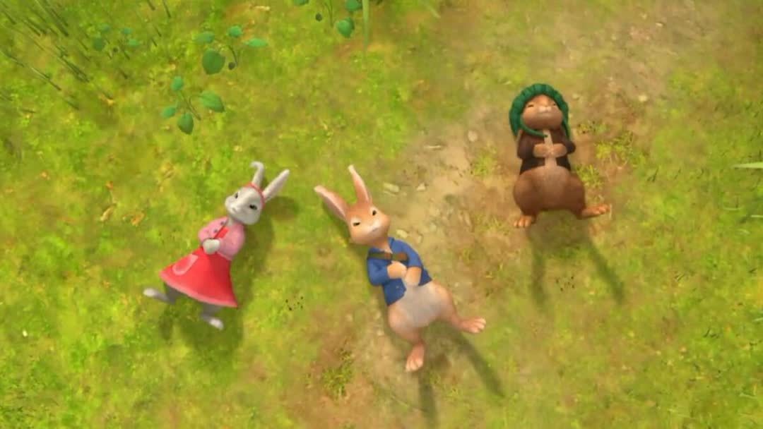 比得兔第3集:比得他们吃完热乎乎香甜的燕麦饼干撑得躺在草地上