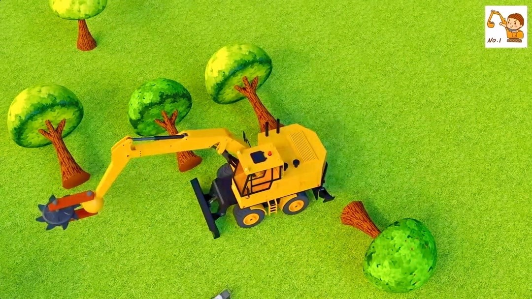 工程车动画片,挖掘机、推土机、翻斗卡车合力建造足球场