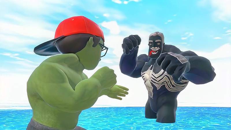 超级英雄动画,绿巨人在海滩漫步,好朋友被毒液给抓走了