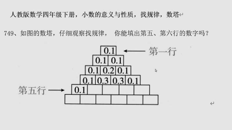 人教版数学四年级下册,小数的意义与性质,找规律,数塔