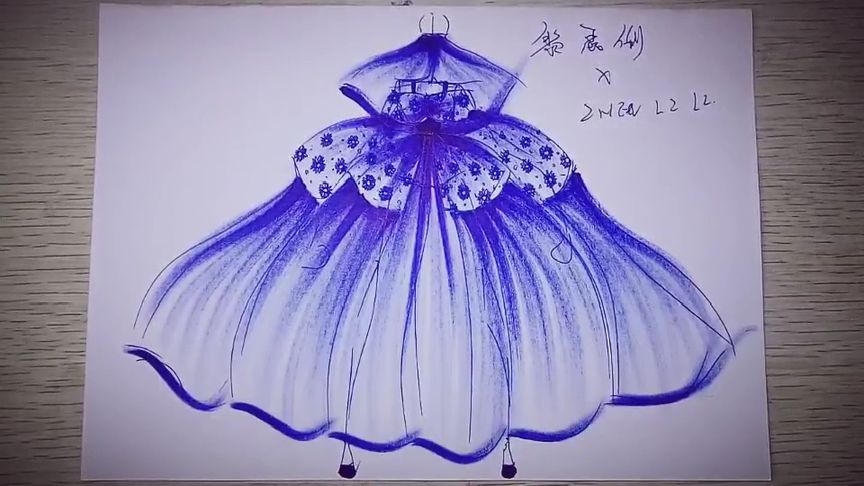 原创服装设计教学:高级定制碎花礼服设计手绘!