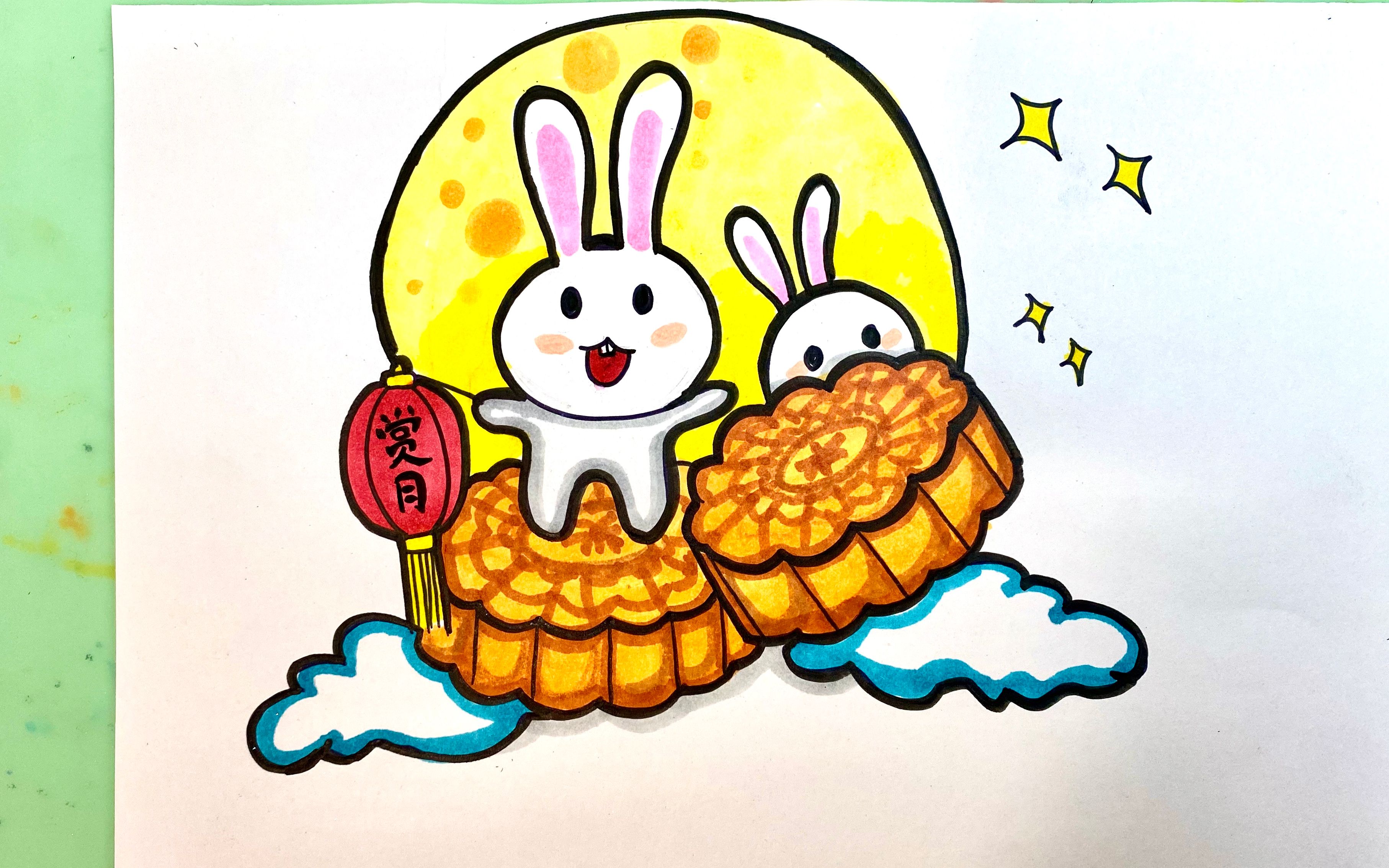 中秋节主题画贪吃兔系列7:快看好你的月饼吧,贪吃兔喊同伴来了