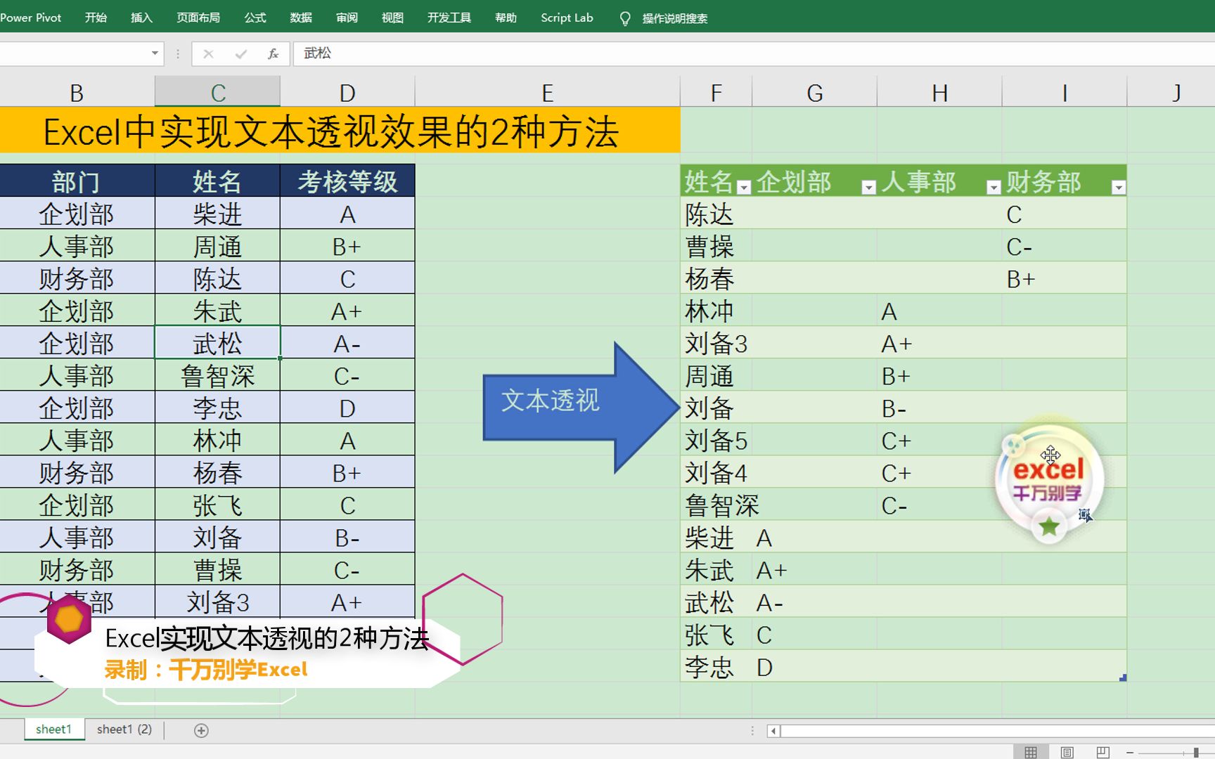 Excel中实现文本透视效果的2种方法