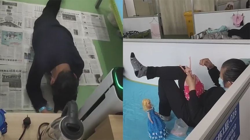 上海方舱一老奶奶每天淡定拉伸、劈叉 靠床上给芭比娃娃缝衣服