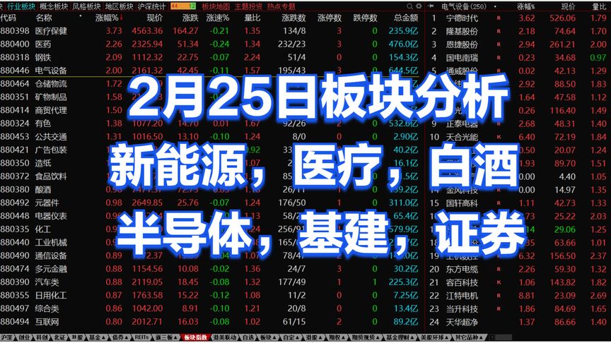 2月25日板块分析:新能源,医疗,白酒,半导体,基建,证券
