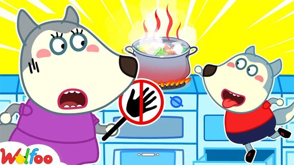 儿童动画:妈妈正在厨房做美食,非常烫的食物沃尔夫却迫不及待了