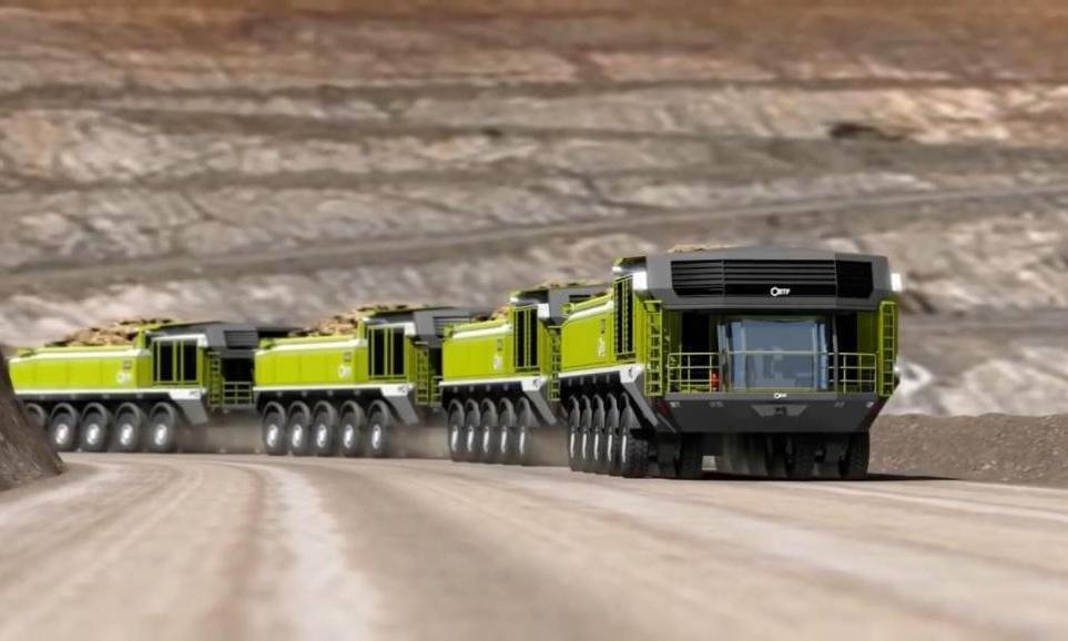 一款重型卡车,轮子能360度转弯,如果有需要可以连成火车