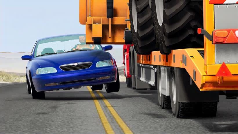刚从驾校毕业,司机开车逆行和迎面驶来的超长大货车相撞,BeamNG