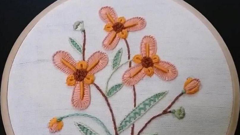 小姐姐的手工绣花展示,学习三瓣花图案的简单绣法!