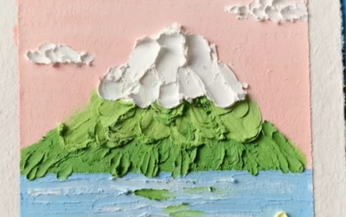 油画棒 画了一个暑假 治愈系 抹茶雪山 油画棒雪山教程 富士山 马卡龙...