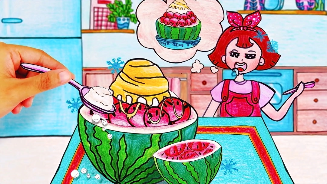 趣味纸动画:小美制作西瓜冰酥,还有有甜炼乳!