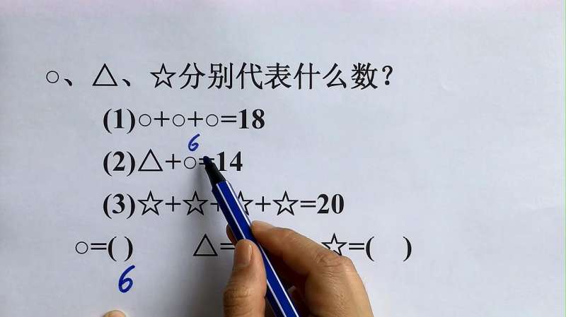 二年级数学:Ο Δ ☆分别代表什么数?Ο+Ο+=18,Δ+Ο=14,☆+☆+☆+...