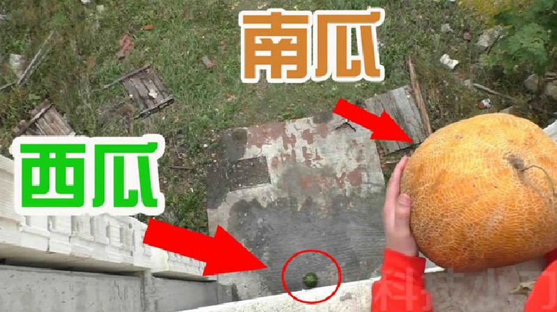 男子从5楼扔一个南瓜,瞬间砸向地上的西瓜,你猜什么瓜碎了?