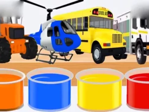 趣味早教动画,3D卡车运来彩色水拖拉机直升机校车消防车染色