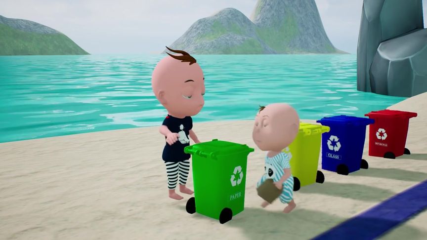 幼儿益智动画,两个小宝贝在沙滩打排球并把垃圾分类装进垃圾桶!