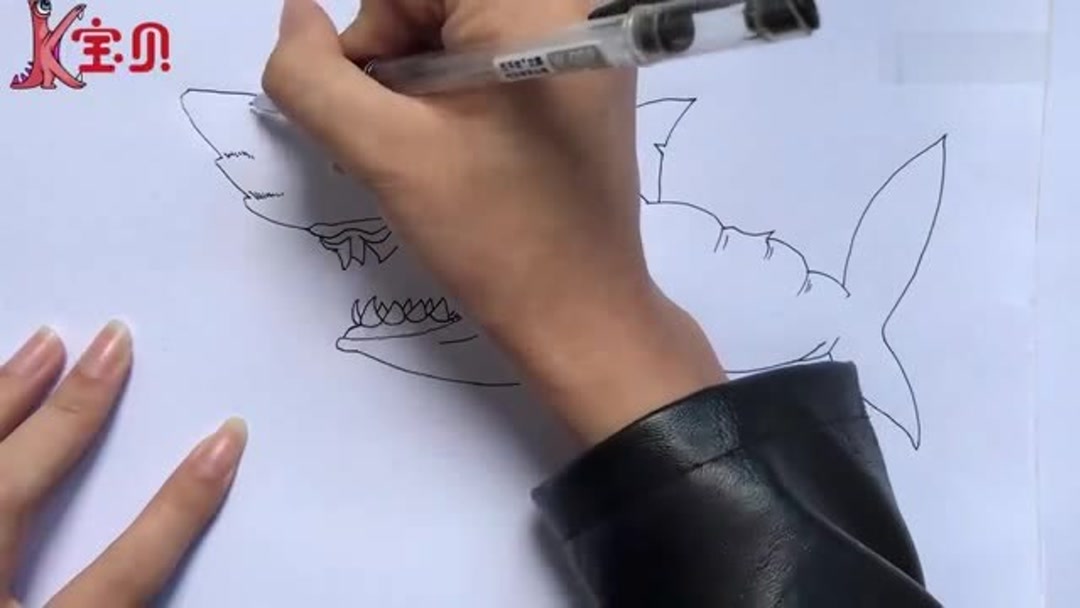 宝妈必备 简笔画鲨鱼,1分钟学会画大鲨鱼,纯线条勾画简单好学