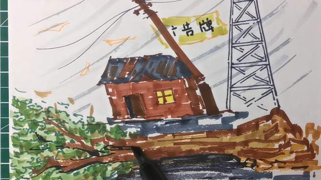 台风现场主题画,台风安全主题绘画!