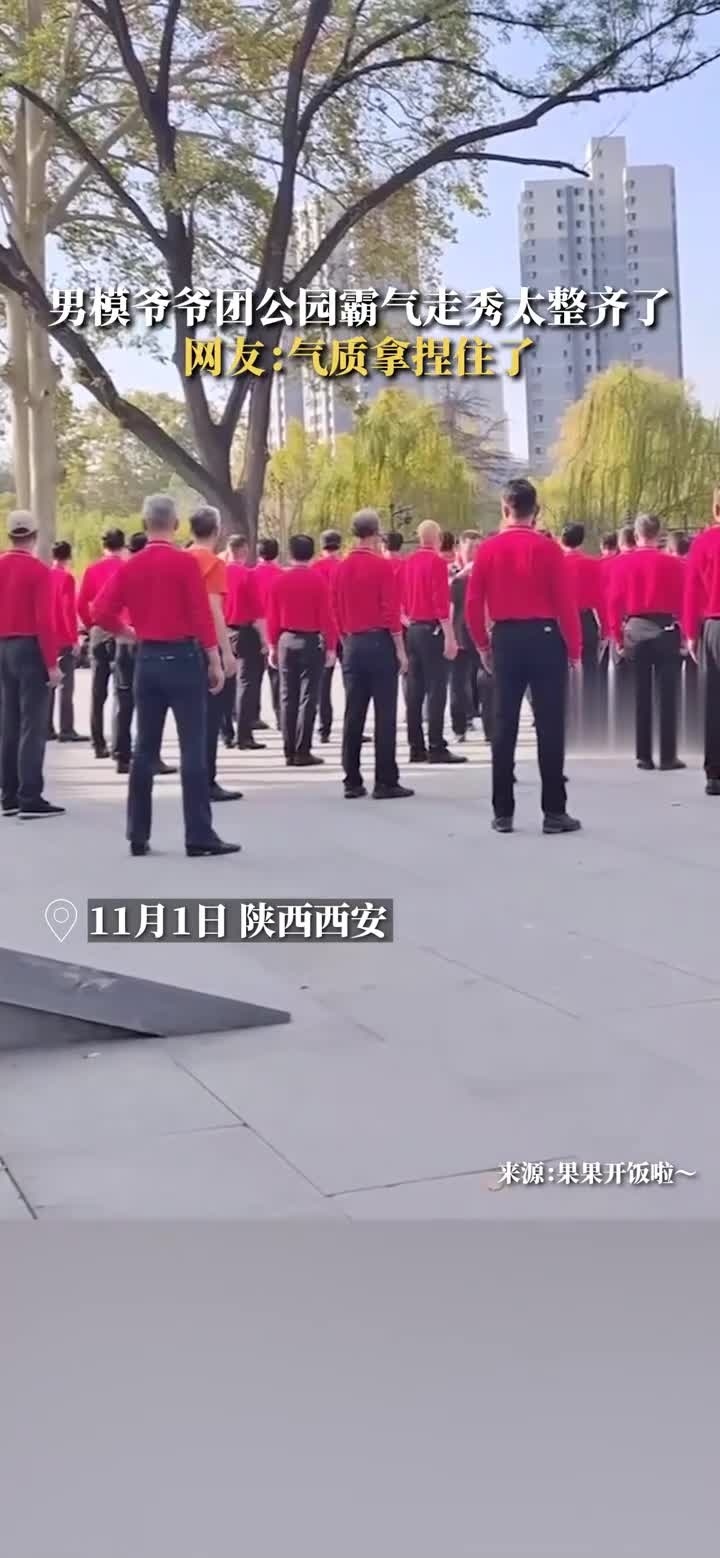 男模爷爷团公园霸气走秀太整齐了,网友:气质拿捏住了。