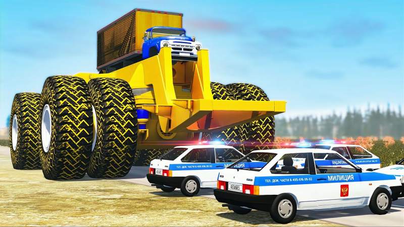 巨无霸别拉斯矿车底盘和货车组合开足马力冲向轿车,车祸模拟器