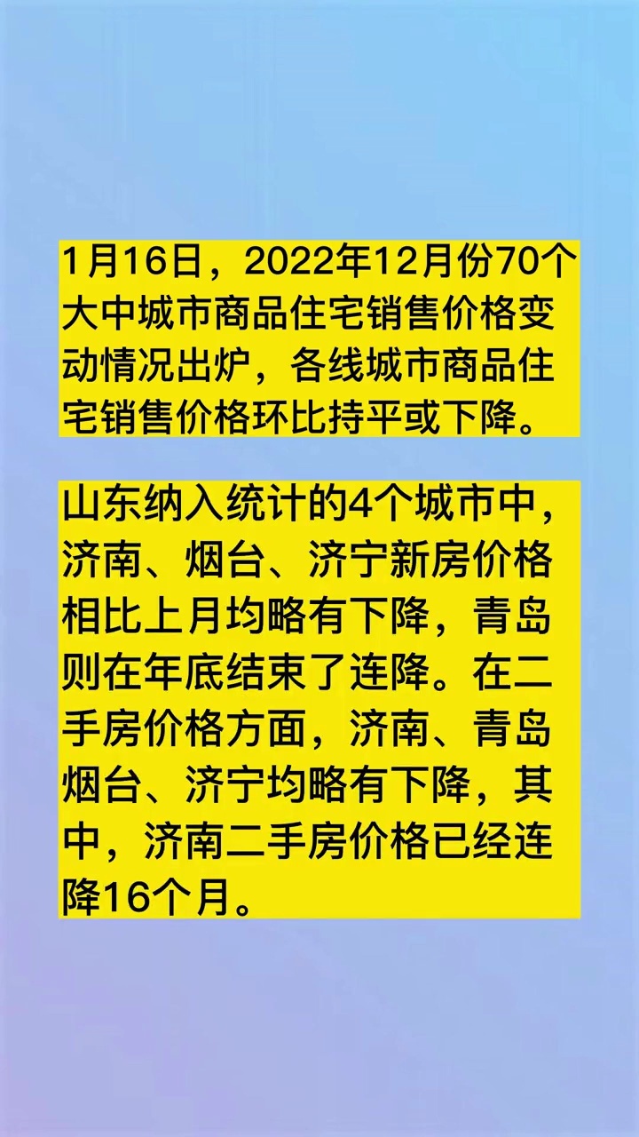 2022年12月全国70城房价出炉 济南二手房价格继续下降