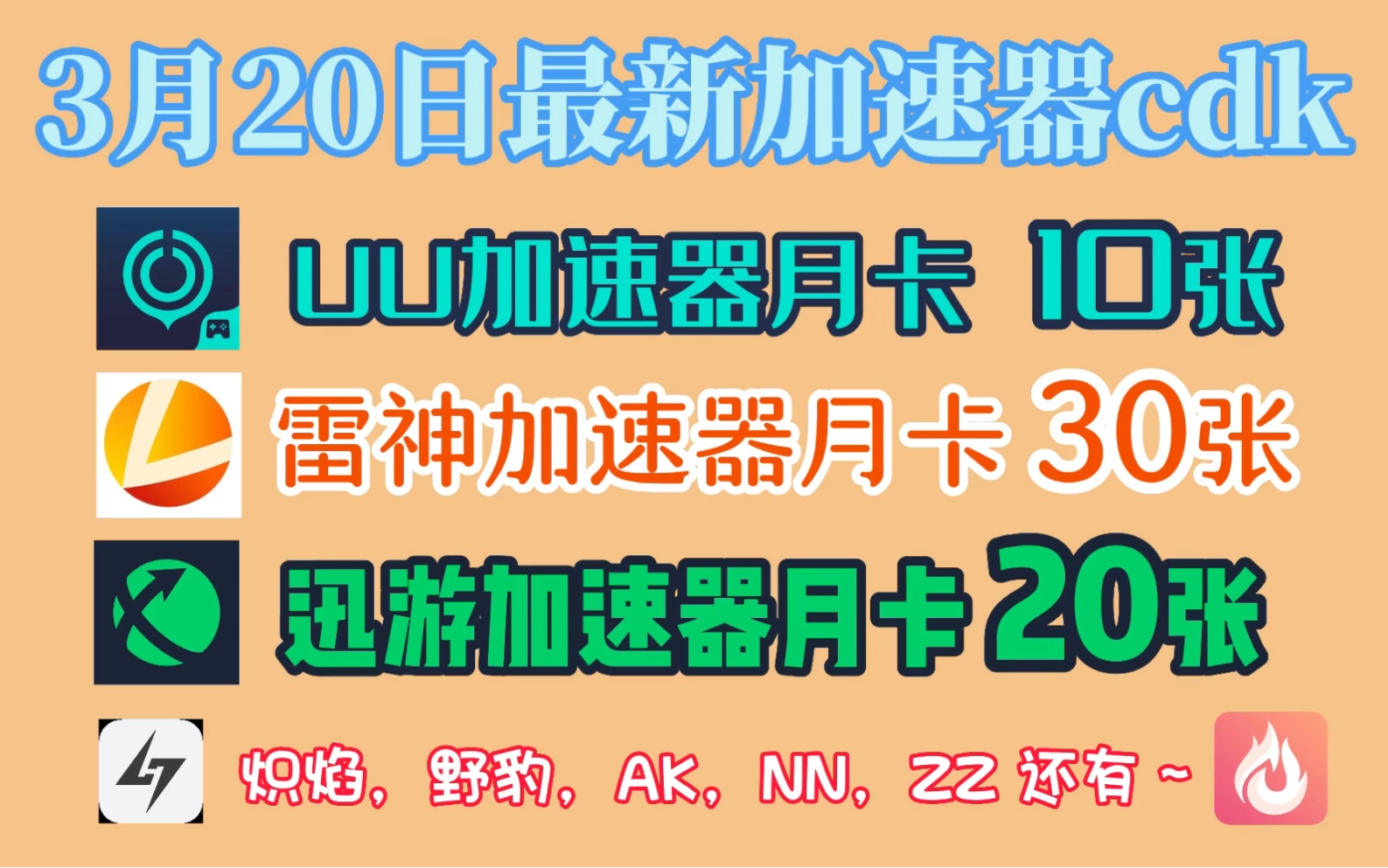 3月20日最新免费领取加速器口令和兑换码!有UU加速器月卡 10张,雷神...