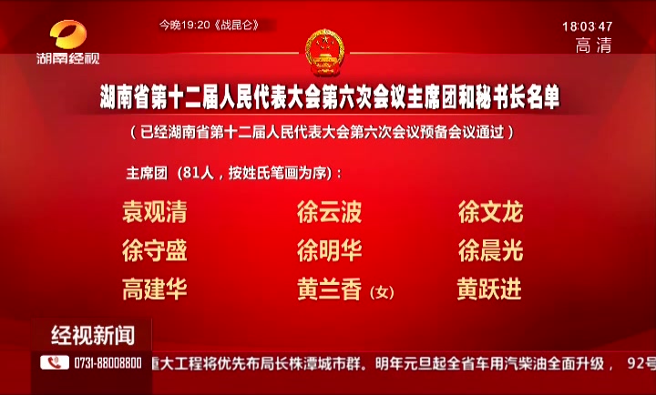 湖南省第十二届人民代表大会第六次会议主席团和秘书长名单