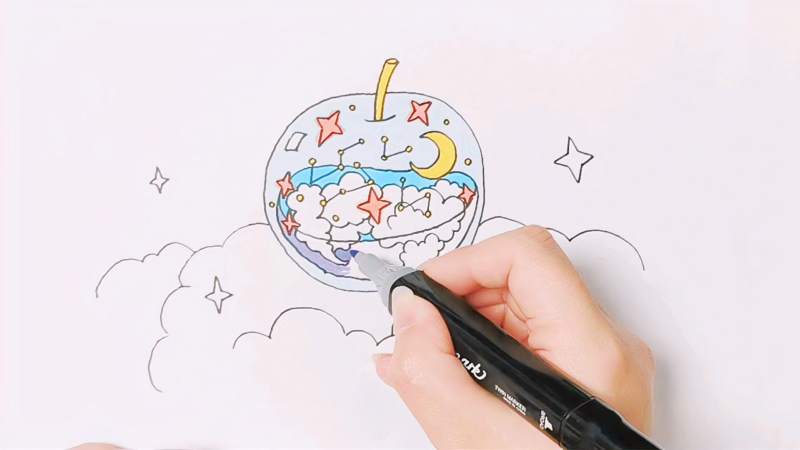 手帐简笔画,飘在云端的星空宇宙水晶苹果