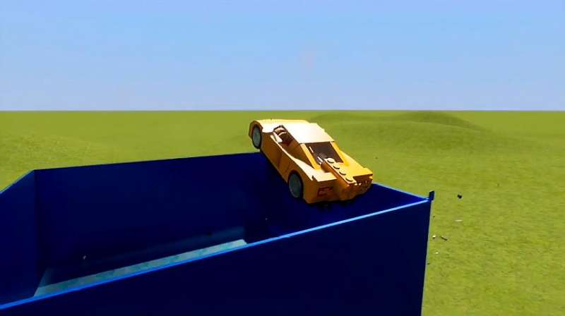 乐高BeamNG:小跑车开足马力飞跃冲向超大空水池,模拟真实车祸