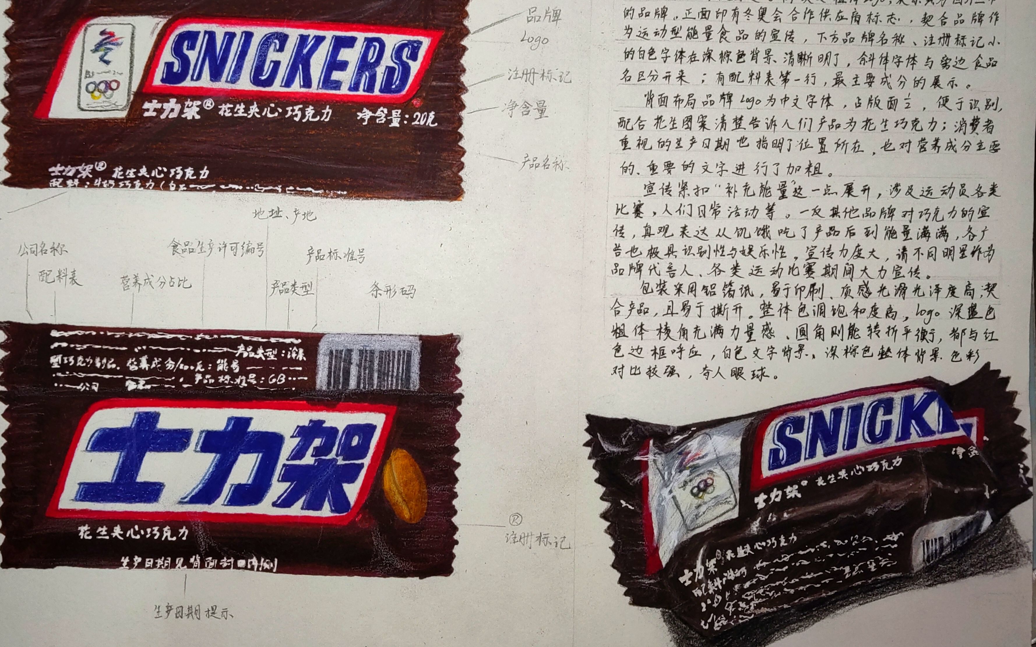 手绘士力架零食包装材质包装设计分析平面工业设计 马克笔法卡...