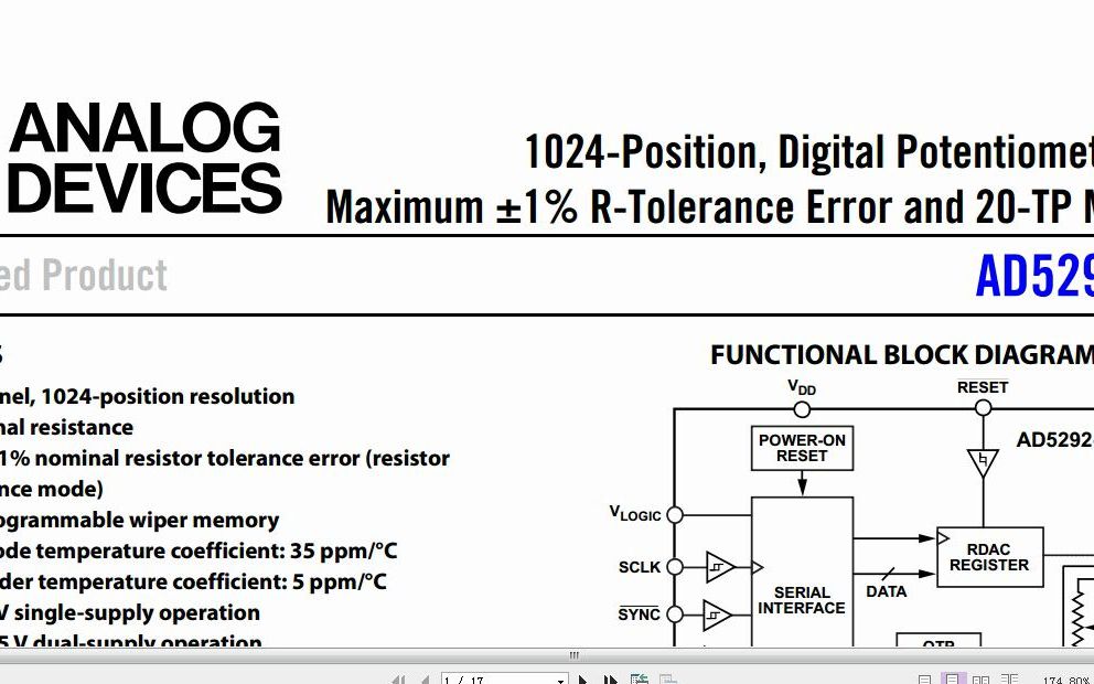 AD5292-1024位数字电位器最大1%误差及带有20TP储存器
