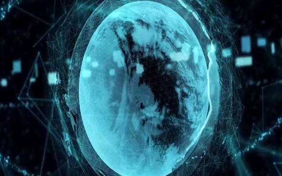 ...蓝色科技感彩粒子线条汇聚HUD世界地图地球转动特效计算机互联网...