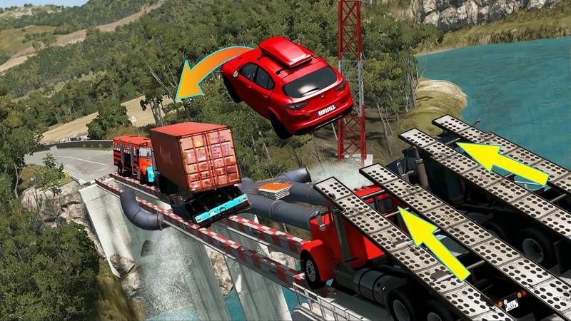 大货车,警车和劫匪争先恐后开足马力过桥时相撞,车祸模拟器